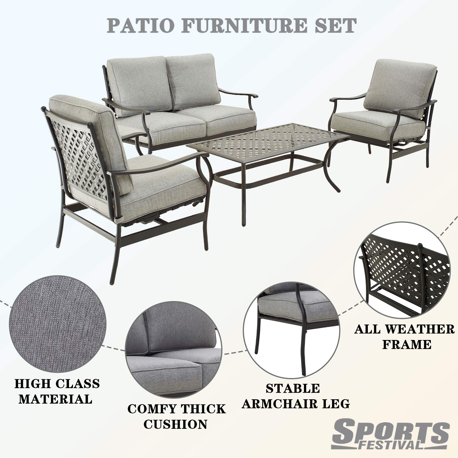 Sports Festival 4 Pieces Outdoor Furniture Patio Conversation Set All Weather Black Metal Armchairs Loveseat with Seat and Back Cushions Rectangle Coffee Table for Deck Lawn Garden (Grey)