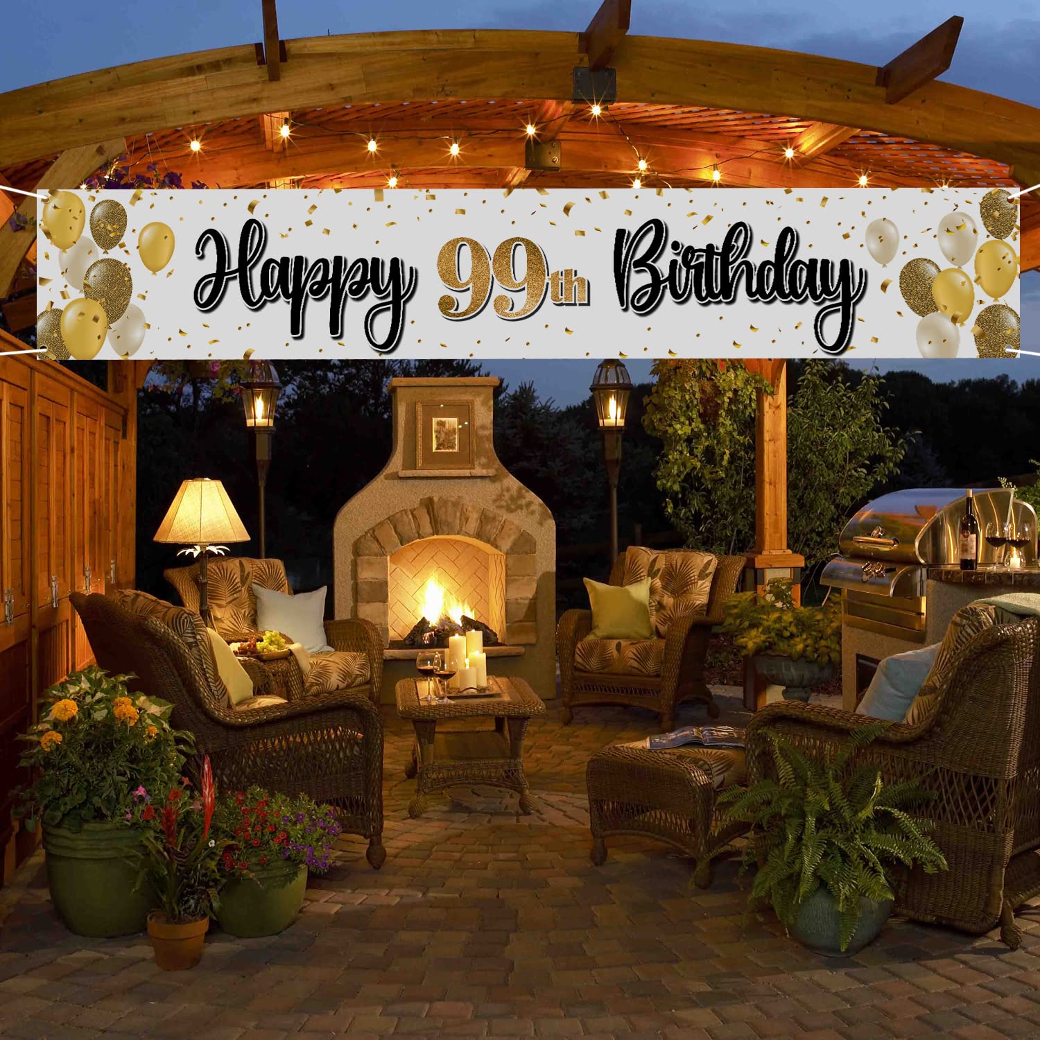 LASKYER Happy 99th Birthday Decorations,99th Gold Balloon Large Birthday Hanging Banner Sign,99 Years Old Bday Party Supplies.