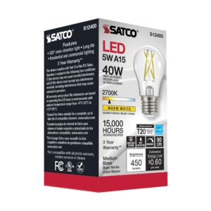 Satco (6 Pack) Vintage Edison Dimmable Led Filament Bulb, S12400, High Lumens, 5 Watt, A15; Clear; Medium Base; 2700K; 90 CRI; 120 Volt for use at Residential, Hospitality, Display and Commercial