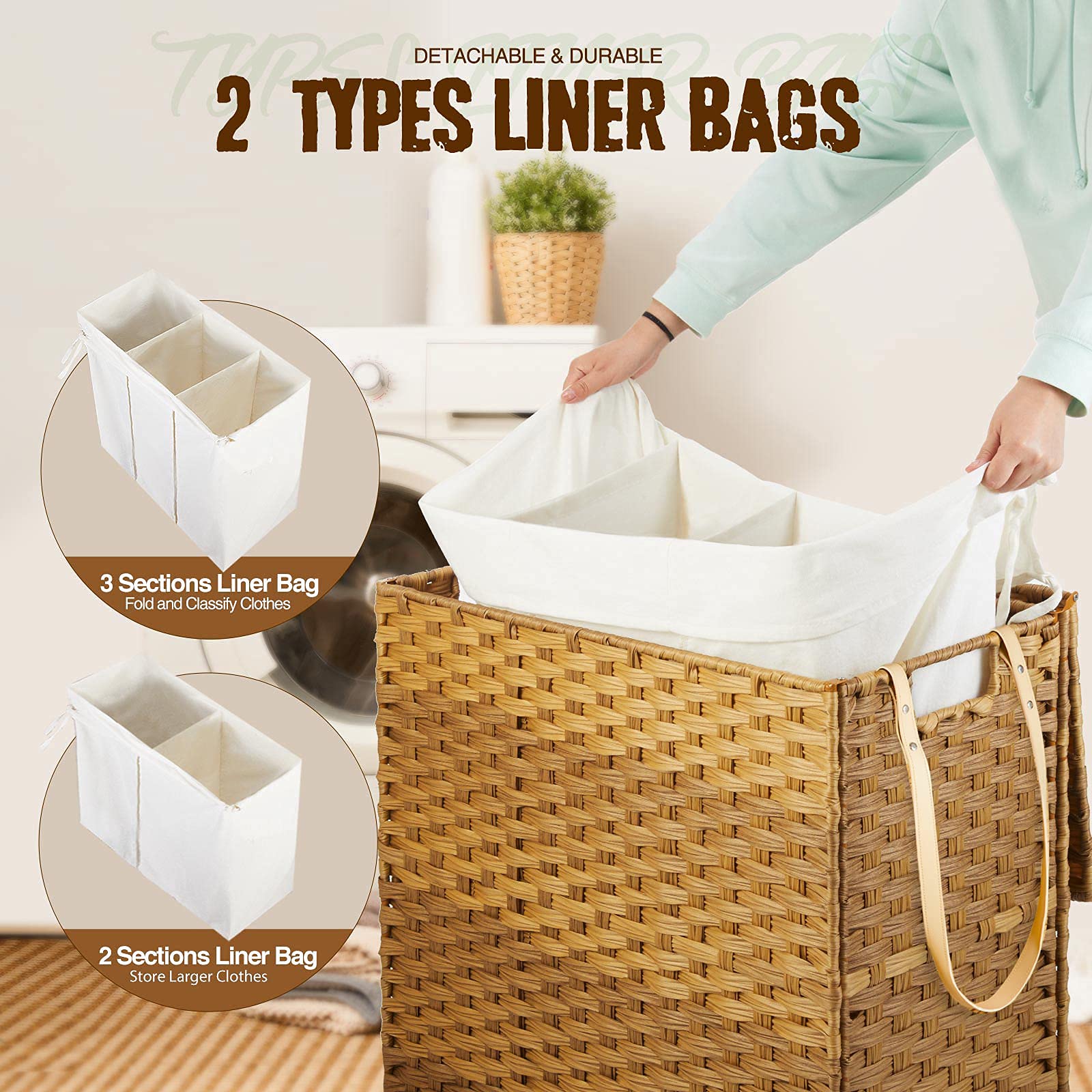 Greenstell Laundry Hamper with Wheels&Lid, 140L Large 3 Sections Clothes Hamper with 2 Types Removable Liner Bags, 5 Mesh Laundry Bags, Handwoven Divided Laundry Basket for Clothes, Natural