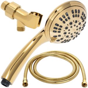 6 function handheld shower head kit - high pressure, removable hand held showerhead with hose & mount and adjustable rainfall spray, 2.5 gpm - polished brass