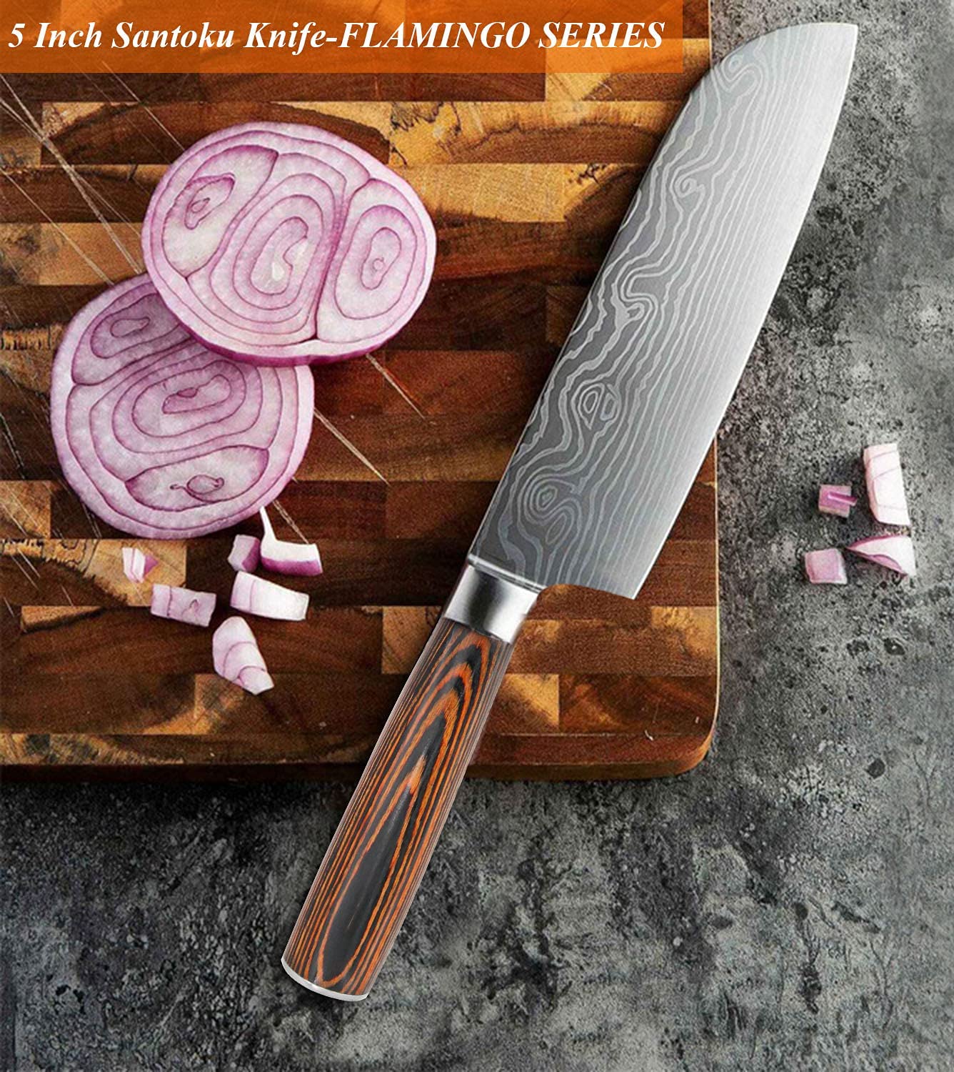 Santoku Knife, 5 Inch Professional Kitchen Chef Knife with Sheath, German High Carbon Stainless Steel Ultra Sharp Knife, Chef Knives with Ergonomic Handle and Gift Box