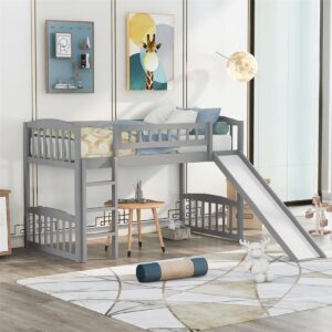 harper & bright designs kids low loft bed with slide, twin loft beds for kids, wood loft bed frame with ladder for boys and girls, no box spring needed, gray