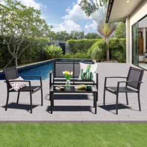 Meilocar 4 Pieces Patio Furniture, Textilene Metal Outdoor Furniture Set, Modern Conversation Set with Loveseat Tea Table, Small Outdoor Patio Chat Set for Backyard, Porch, Lawn and Balcony (Black)