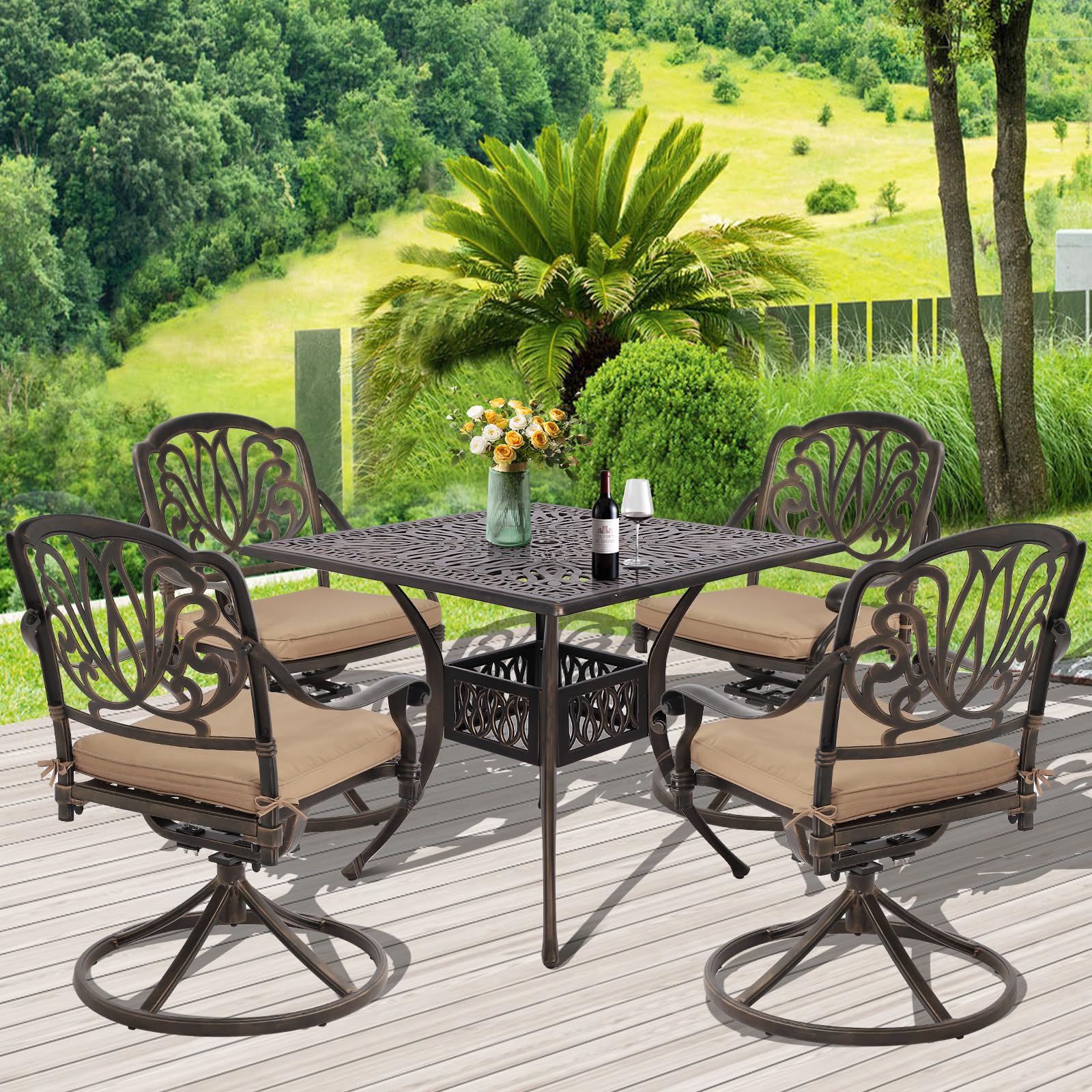 Grepatio 5 Piece Cast Aluminum Patio Dining Set Outdoor Furniture Set Patio Garden Set with 4 Swivel Rocker Ding Chairs, 4 Cushions and 35.4" Square Patio Table 2.4" Umbrella Hole (Khaki)