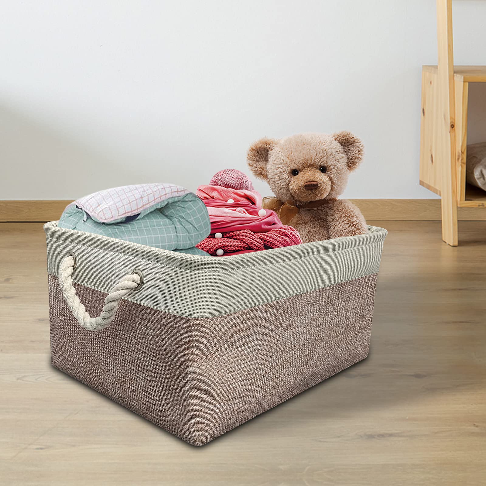 Protecu Storage Basket Bins Organizer Fabric Toy Basket with Handles - Large Baskets for Organizing Gifts Empty Shelves Closet (White & Pink, 16.1x12.2x7.9 inch)