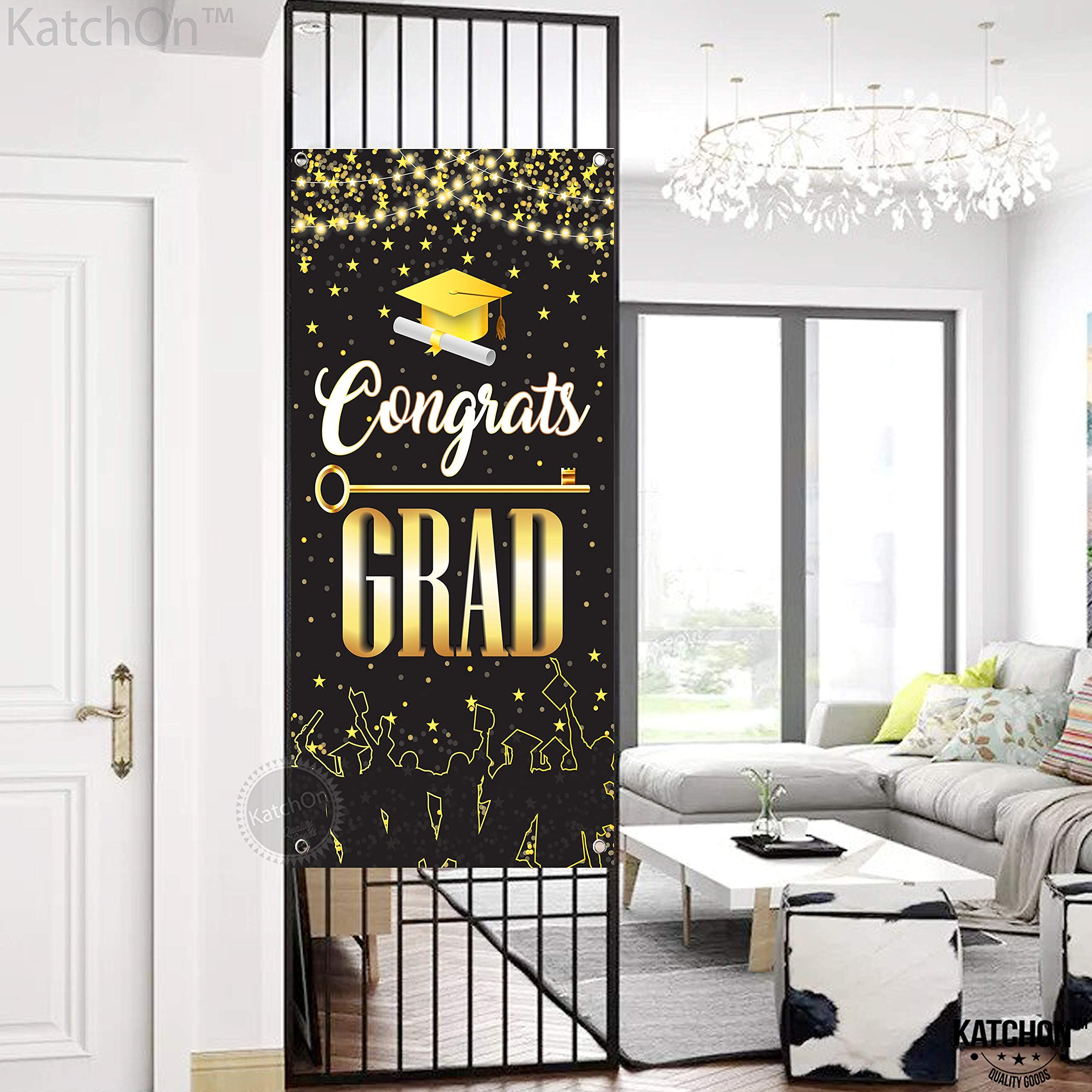 KatchOn, Congrats Grad Graduation Door Banner - Large, 74x36 Inch | Graduation Banner, Black and Gold Graduation Decorations Class of 2024 | Congrats Grad Banner for 2024 Graduation Party Decorations