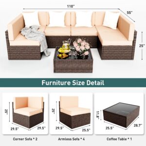 Pamapic Patio Furniture Set, 7 Pieces Modular Outdoor Sectional, Patio Sectional Sofa Conversation Set, Rattan Sofa with Coffee Table and Washable Cushions Covers, Brown Rattan and Beige Cushions