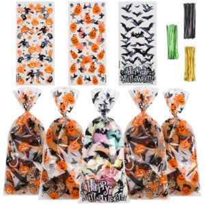 LOKIPA Halloween Cellophane Treat Candy Bags,150 Pieces Halloween Cellophane Gift Goody Snack Sweet Bags with Twist Ties for Halloween Party Supply（3 Style）