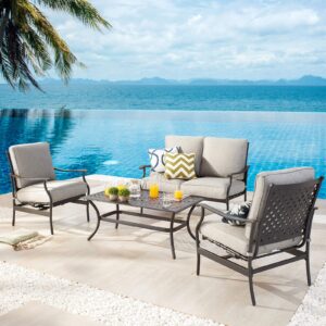 sports festival 4 pieces outdoor furniture patio conversation set all weather black metal armchairs loveseat with seat and back cushions rectangle coffee table for deck lawn garden (grey)