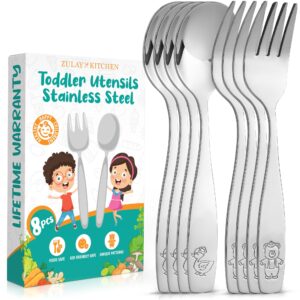 zulay kitchen 8 pieces toddler utensils - kids stainless silverware set - children & toddler safe forks & spoons - smooth edge, mirror polished, & dishwasher safe kids utensils (4 forks & 4 spoons)