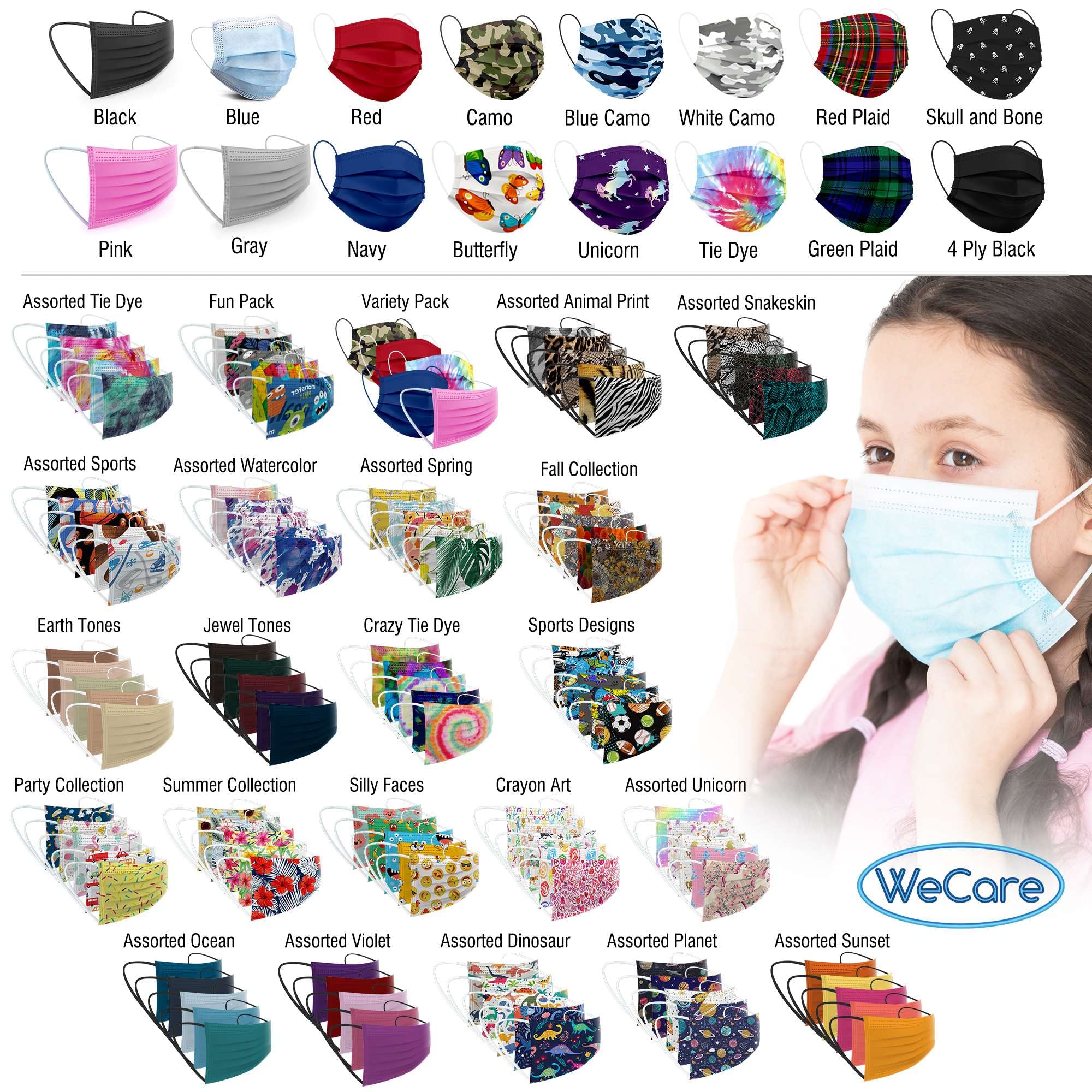 WECARE Disposable Face Masks For Kids, 50 Fun Silly Faces Printed Masks, 3 Ply