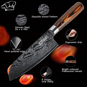 Santoku Knife, 5 Inch Professional Kitchen Chef Knife with Sheath, German High Carbon Stainless Steel Ultra Sharp Knife, Chef Knives with Ergonomic Handle and Gift Box