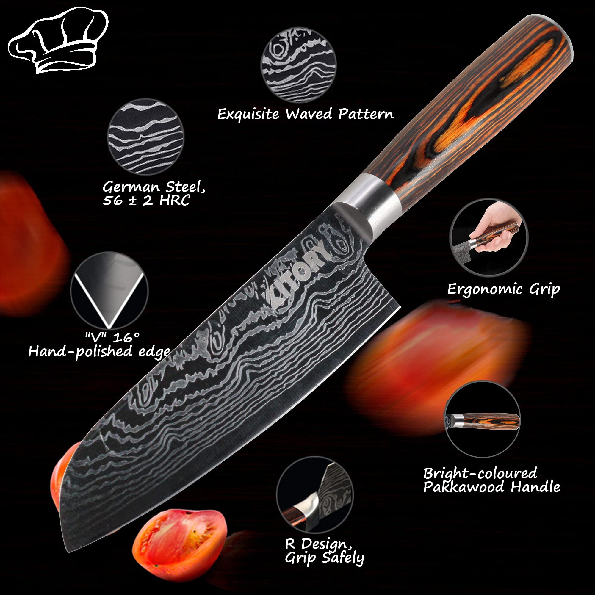 Santoku Knife, 5 Inch Professional Kitchen Chef Knife with Sheath, German High Carbon Stainless Steel Ultra Sharp Knife, Chef Knives with Ergonomic Handle and Gift Box