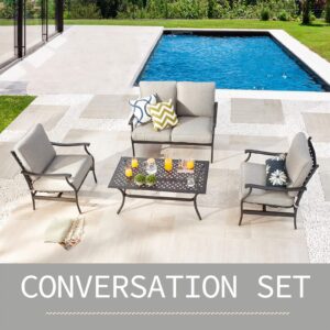 Sports Festival 4 Pieces Outdoor Furniture Patio Conversation Set All Weather Black Metal Armchairs Loveseat with Seat and Back Cushions Rectangle Coffee Table for Deck Lawn Garden (Grey)