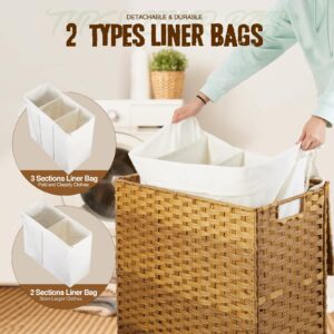 Greenstell Laundry Hamper with Lid, 125L Large Clothes Hamper with 3 Section & 2 Section Removable Liner Bags & 5 Mesh Laundry Bags, Handwoven Synthetic Rattan Divided Laundry Basket, Natural