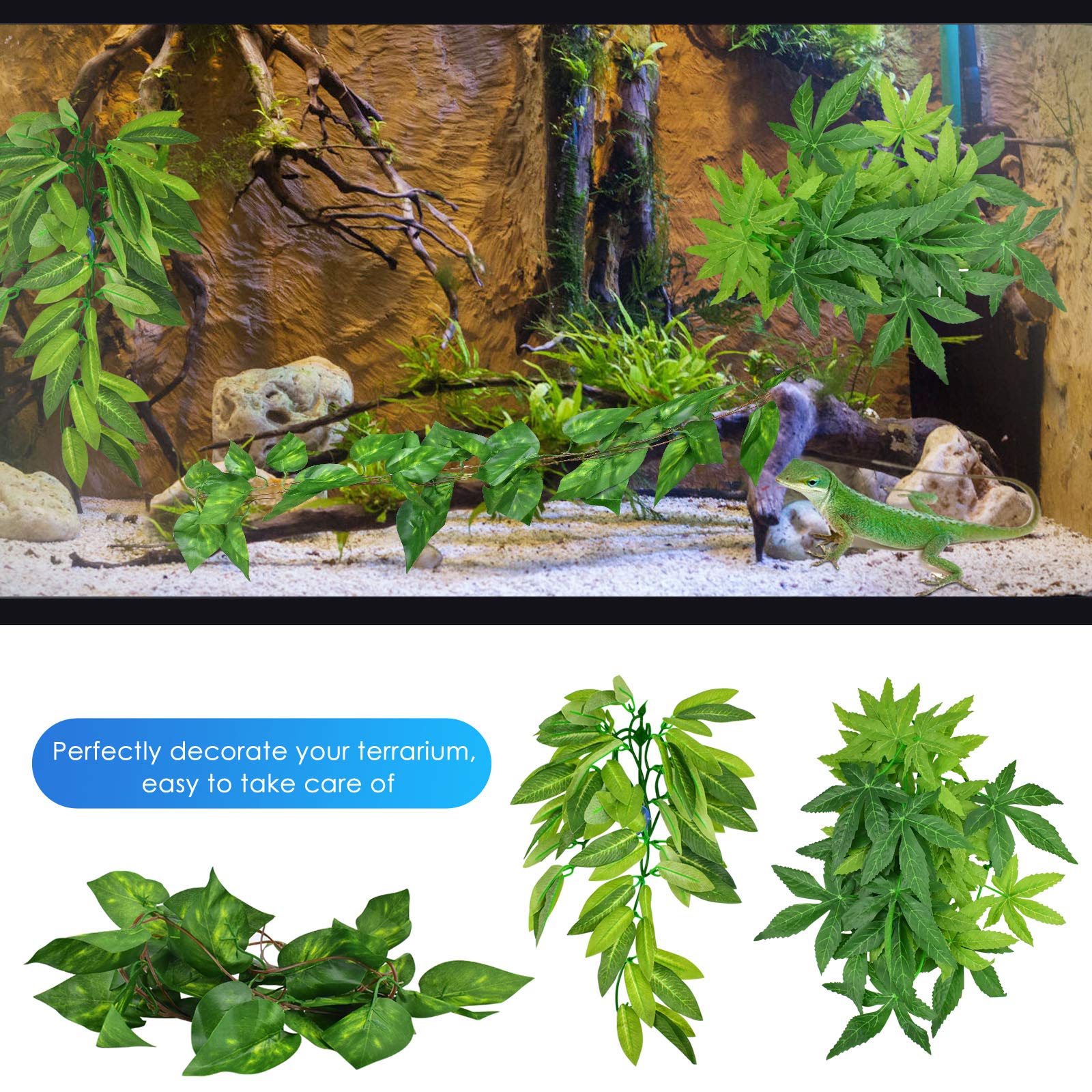 KATUMO Reptile Plants, 3PCS Amphibian Hanging Plants with Suction Cup for Lizards, Geckos, Bearded Dragons, Snake, Hermit Crab Tank Pets Habitat Decorations