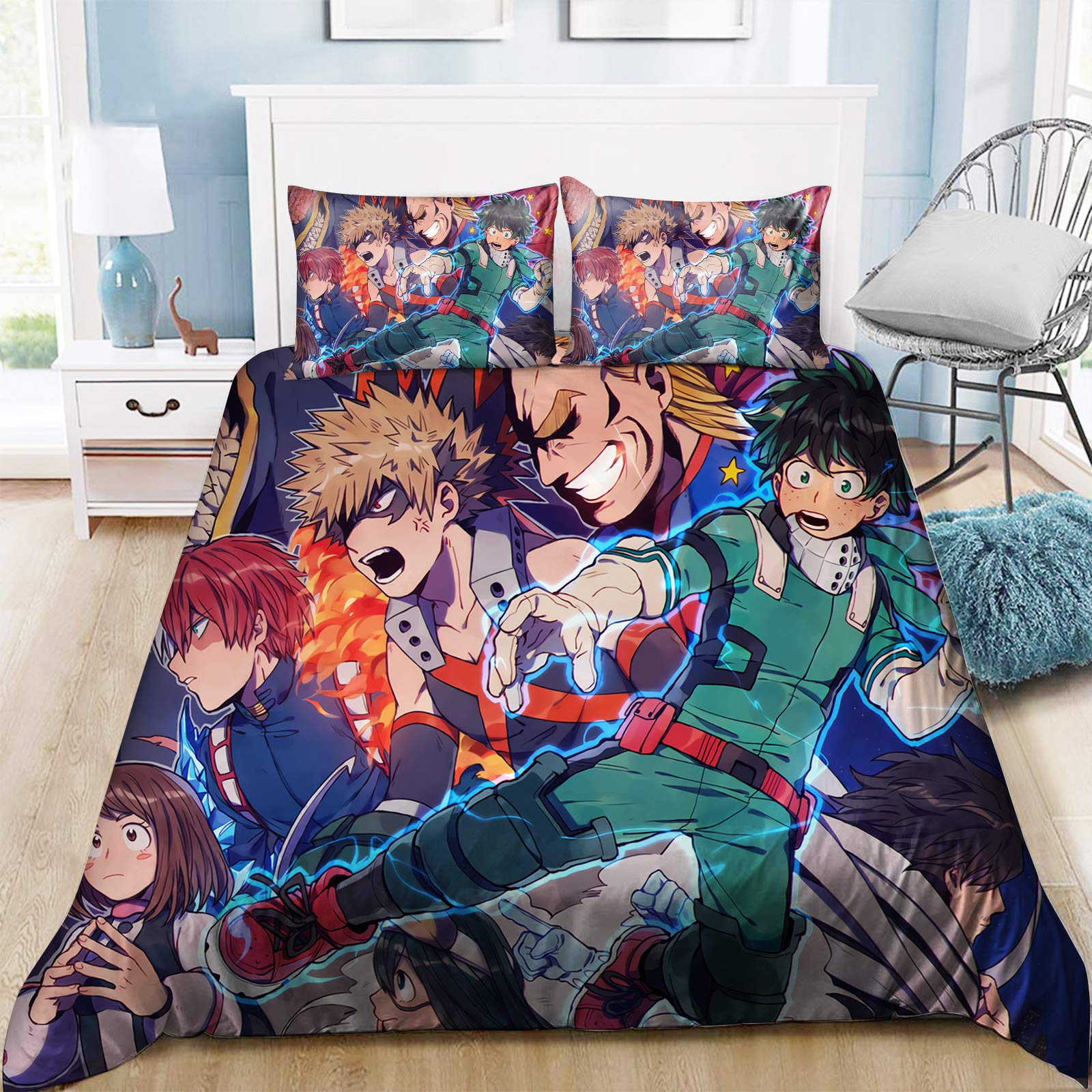 LUNK Boku No Hero Academia MHA Bed Set Izuku Deku Bakugou Todoroki 3PCS Duvet Cover Set Anime Quilt Cover + 2 Pillowcases (No Comforter) - Bedding Duvet Cover Set for Xmas Gifts