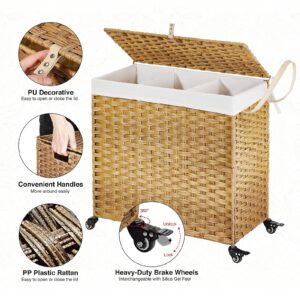 Greenstell Laundry Hamper with Wheels&Lid, 140L Large 3 Sections Clothes Hamper with 2 Types Removable Liner Bags, 5 Mesh Laundry Bags, Handwoven Divided Laundry Basket for Clothes, Natural