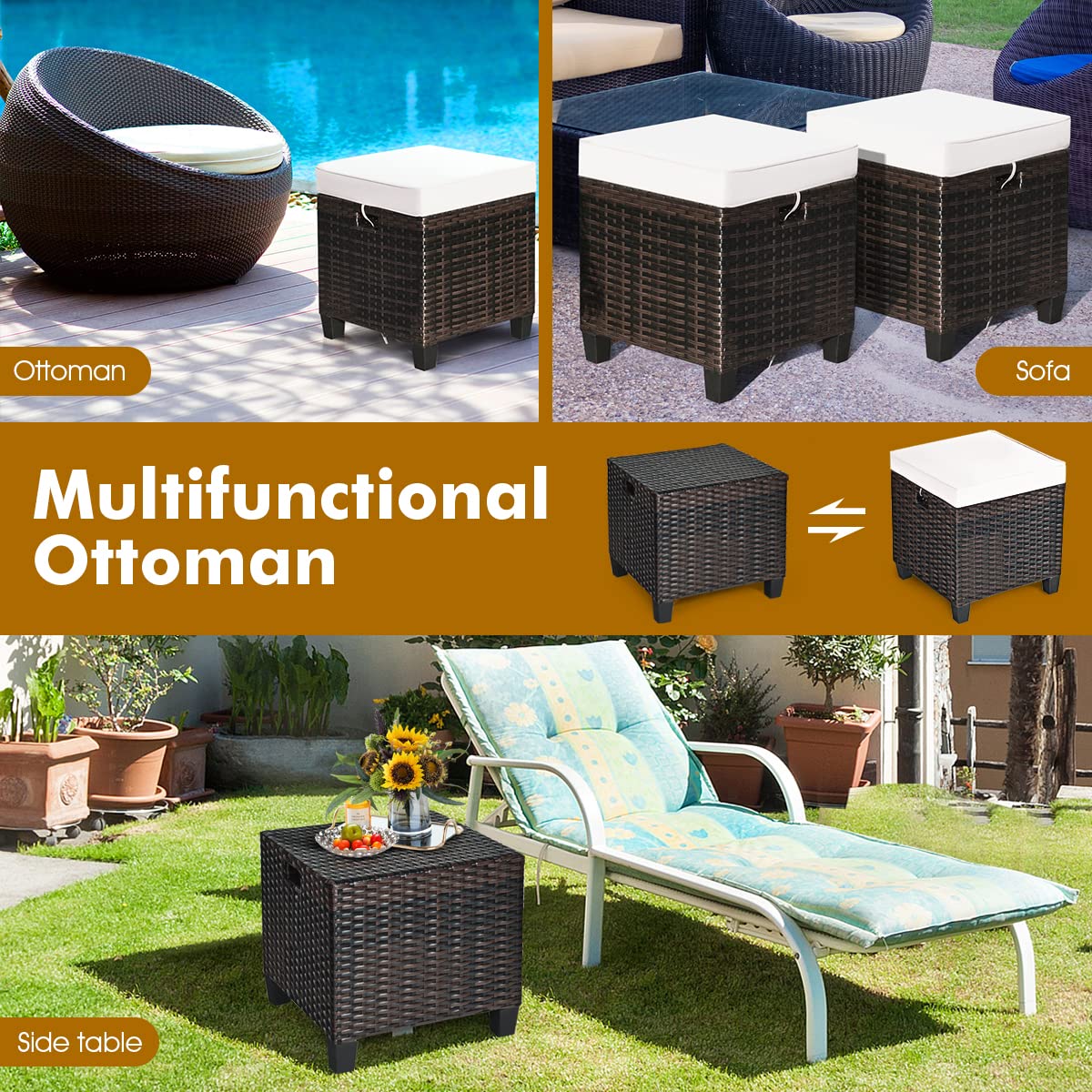 LDAILY Moccha 2 Pieces Patio Outdoor Ottoman, All Weather Rattan Patio Ottoman Set w/Removable Cushions, Footrest Seat Outdoor Footstool (Cream)