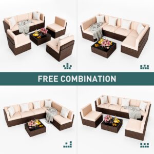 Pamapic Patio Furniture Set, 7 Pieces Modular Outdoor Sectional, Patio Sectional Sofa Conversation Set, Rattan Sofa with Coffee Table and Washable Cushions Covers, Brown Rattan and Beige Cushions