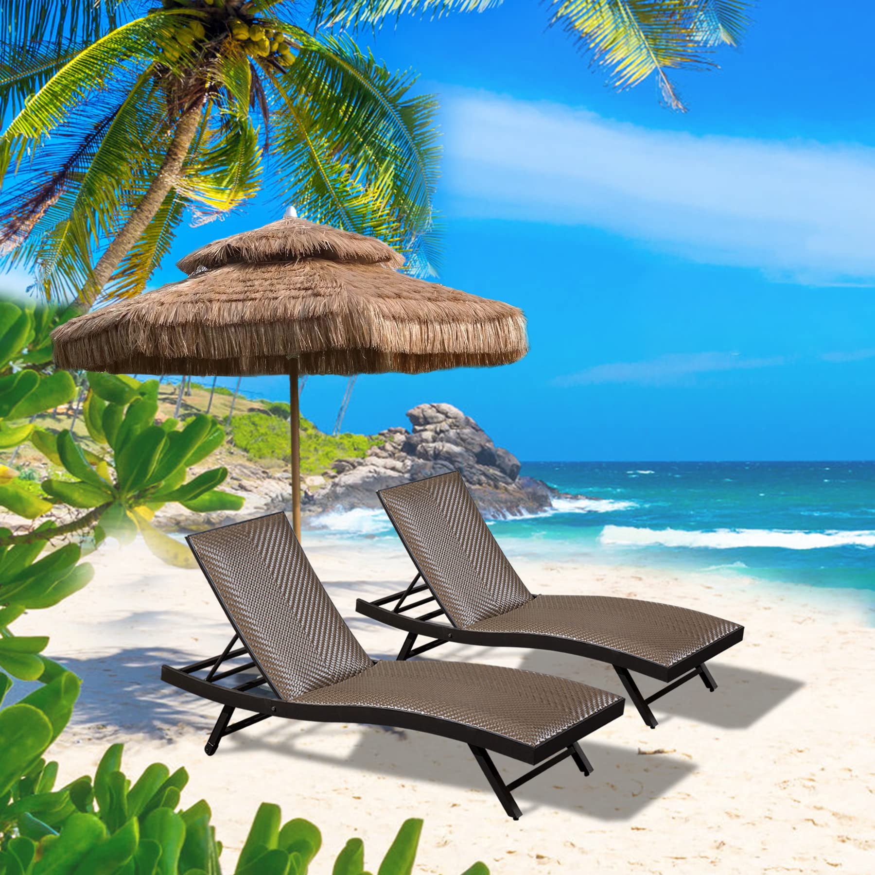 Domi Outdoor Chaise Lounge Set of 2, Aluminum Wicker Lounge Chair with Padded Quick Dry Foam and Wheels, Pool Lounge Chair for Garden, Beach, Patio, Sunbathing