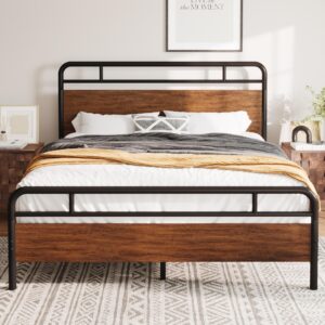 allewie queen size platform bed frame with wooden headboard and footboard, heavy duty 13 metal slats support, under bed storage, no box spring needed, noise free, easy assembly, walnut