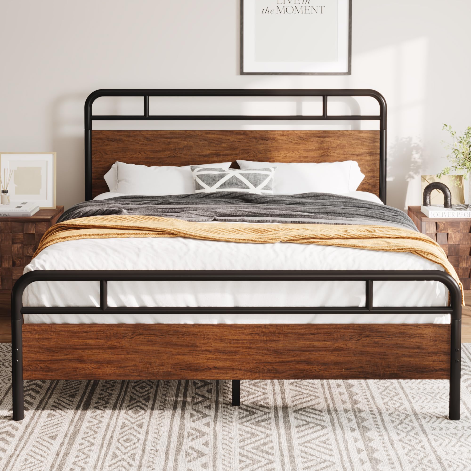 Allewie Queen Size Platform Bed Frame with Wooden Headboard and Footboard, Heavy Duty 13 Metal Slats Support, Under Bed Storage, No Box Spring Needed, Noise Free, Easy Assembly, Walnut