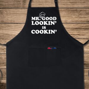 Xornis 100% Cotton Funny Aprons for Men Mr. Good Looking is Cooking Kitchen Grill BBQ Adjustable Bib Aprons with 2 Pockets Gifts for Dad Father's Day Birthday Anniversary