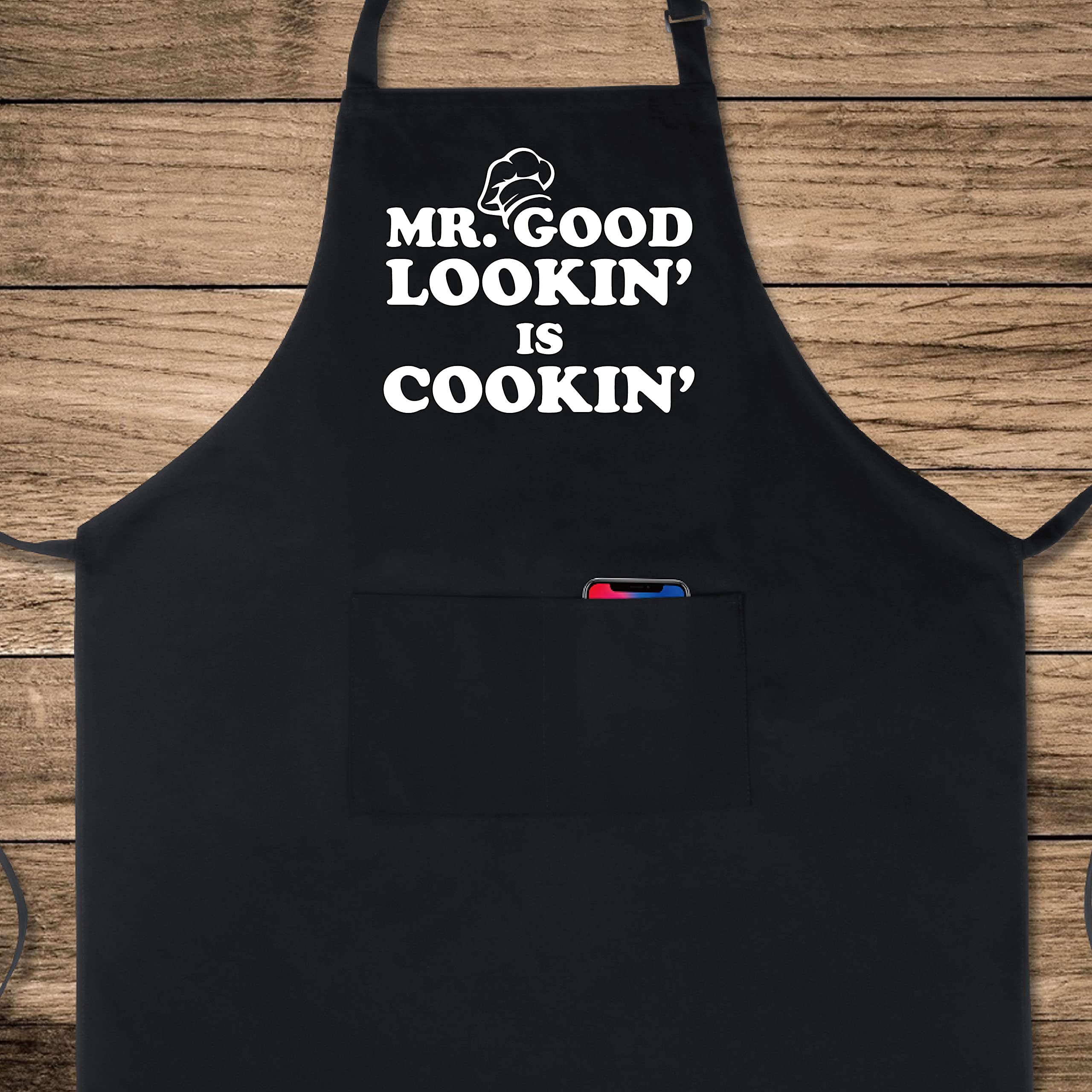 Xornis 100% Cotton Funny Aprons for Men Mr. Good Looking is Cooking Kitchen Grill BBQ Adjustable Bib Aprons with 2 Pockets Gifts for Dad Father's Day Birthday Anniversary