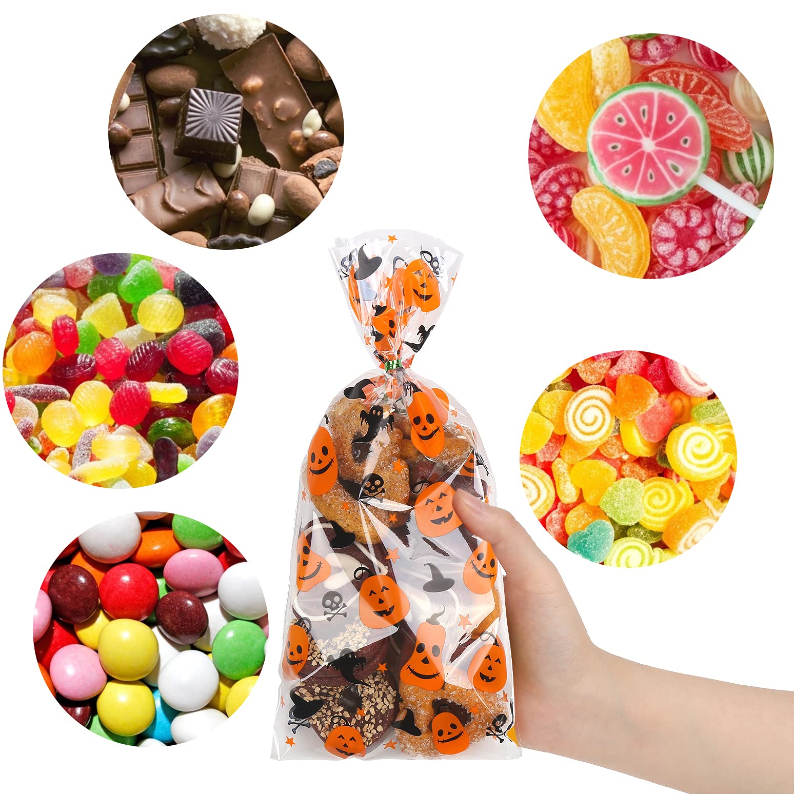 LOKIPA Halloween Cellophane Treat Candy Bags,150 Pieces Halloween Cellophane Gift Goody Snack Sweet Bags with Twist Ties for Halloween Party Supply（3 Style）