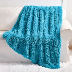 yusoki teal faux fur throw blanket,2 layers,50" x 60", turquoise soft fuzzy fluffy plush furry comfy warm blanket for teens girls couch bed chair sofa bedroom fall winter