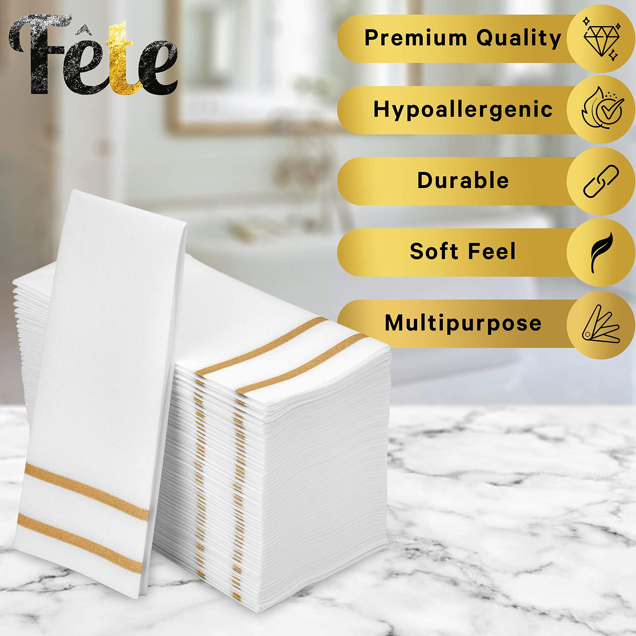 Paper Hand Towels for Bathroom, Linen-Feel Guest Towels, Formal Dinner, Anniversary, Napkins for Tables, Guestrooms, and Restrooms (Gold, 50 Count)