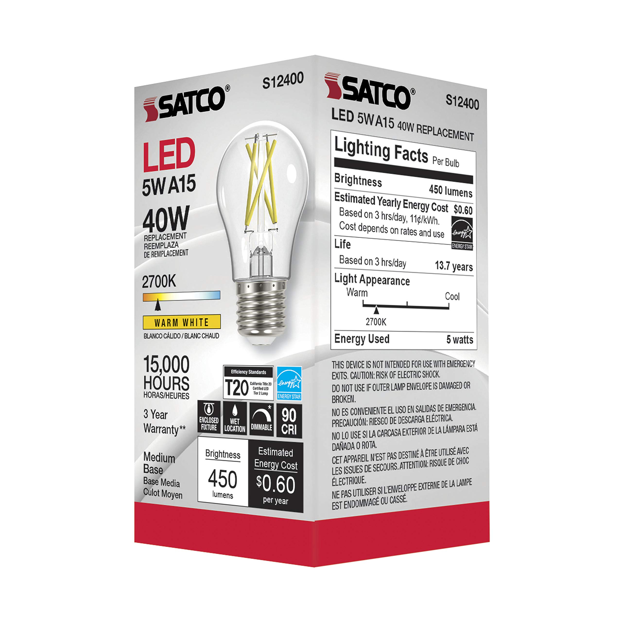 Satco (6 Pack) Vintage Edison Dimmable Led Filament Bulb, S12400, High Lumens, 5 Watt, A15; Clear; Medium Base; 2700K; 90 CRI; 120 Volt for use at Residential, Hospitality, Display and Commercial