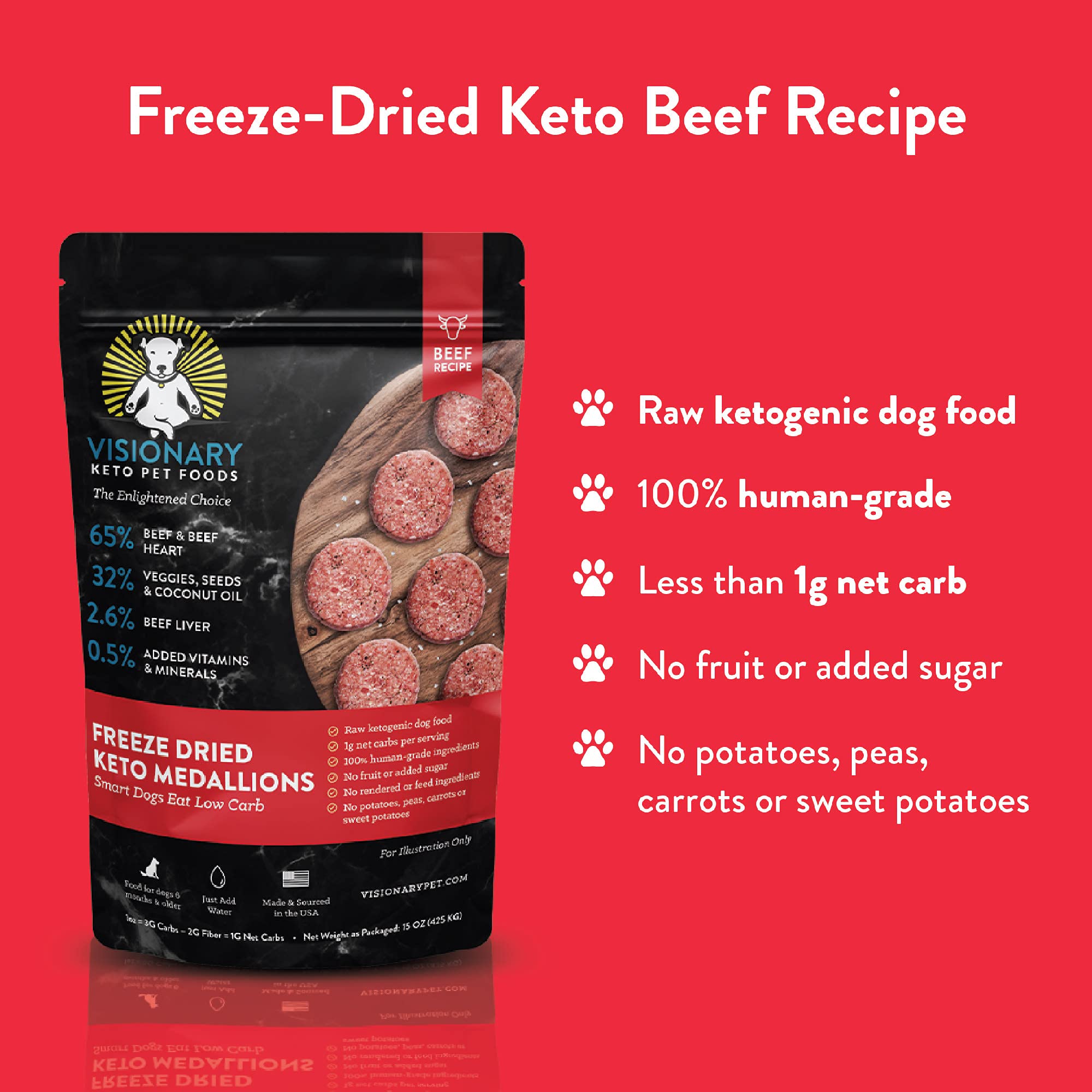 Visionary Pet Foods Beef Freeze Dried Dog Food, High Protein Treat, Low Carb and Grain Free, Made with Human Grade Ingredients for Optimal Nutrition and Digestion - Natural Beef Recipe, 3.5oz