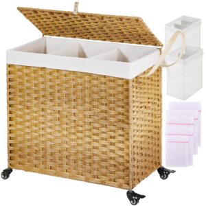 greenstell laundry hamper with wheels&lid, 140l large 3 sections clothes hamper with 2 types removable liner bags, 5 mesh laundry bags, handwoven divided laundry basket for clothes, natural