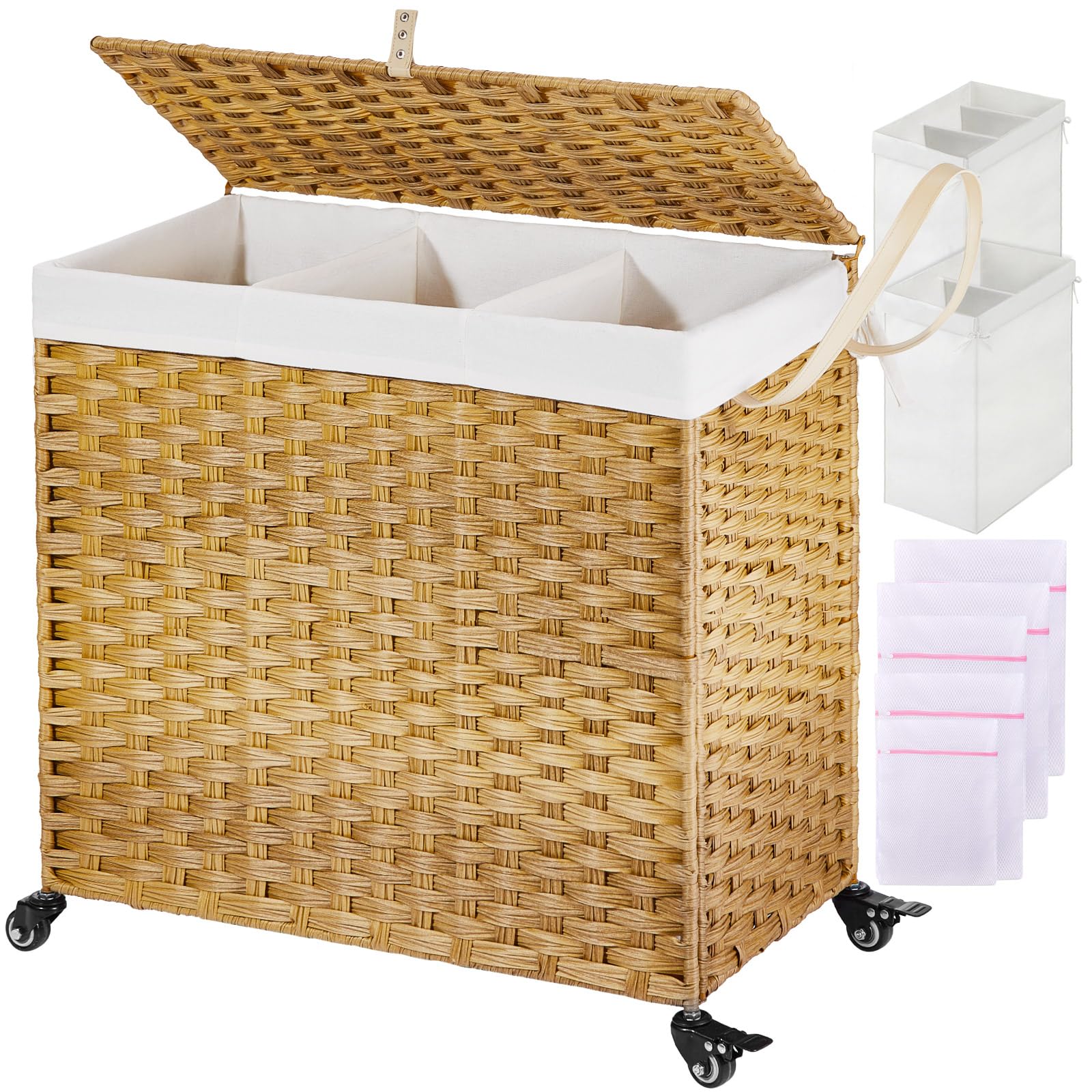 Greenstell Laundry Hamper with Wheels&Lid, 140L Large 3 Sections Clothes Hamper with 2 Types Removable Liner Bags, 5 Mesh Laundry Bags, Handwoven Divided Laundry Basket for Clothes, Natural