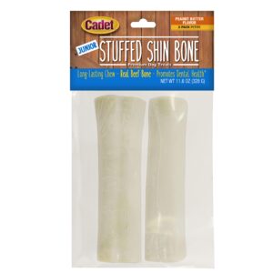 cadet junior stuffed shin bones - highly digestible, high protein, long-lasting dog chew bone for aggressive chewers, supports dental health, - peanut butter flavor, petite (2 count)