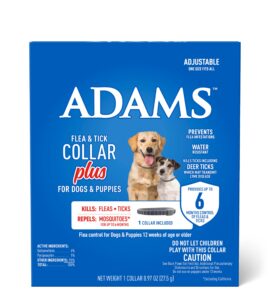 adams flea & tick collar plus for dogs & puppies, 6-month protection, one size fits all dogs & puppies, kills fleas & ticks, repels mosquitoes for up to 6 months (excluding california)