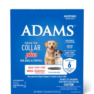 Adams Flea & Tick Collar Plus for Dogs & Puppies, 6-Month Protection, One Size Fits All Dogs & Puppies, Kills Fleas & Ticks, Repels Mosquitoes For Up To 6 Months (excluding California)