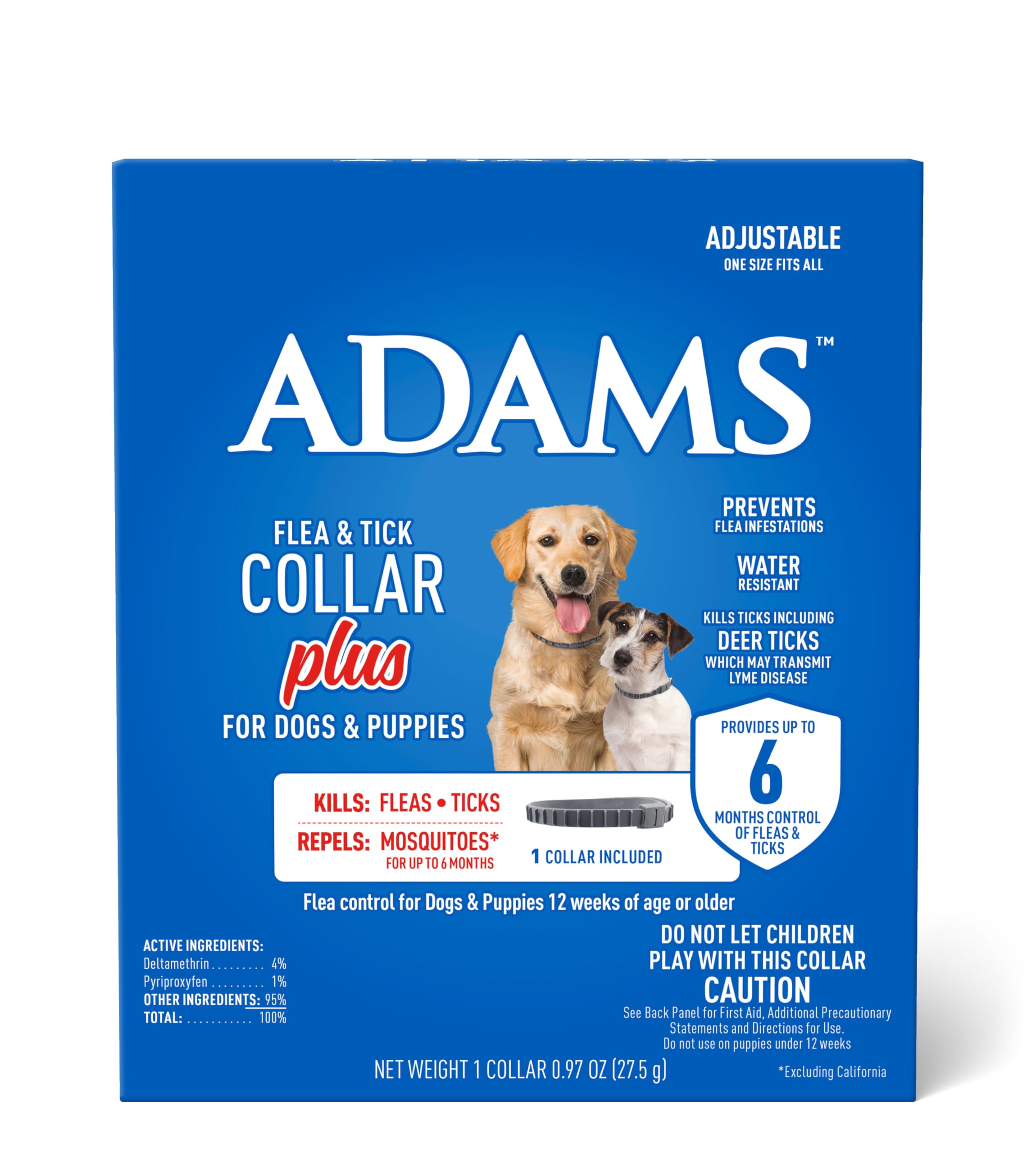 Adams Flea & Tick Collar Plus for Dogs & Puppies, 6-Month Protection, One Size Fits All Dogs & Puppies, Kills Fleas & Ticks, Repels Mosquitoes For Up To 6 Months (excluding California)