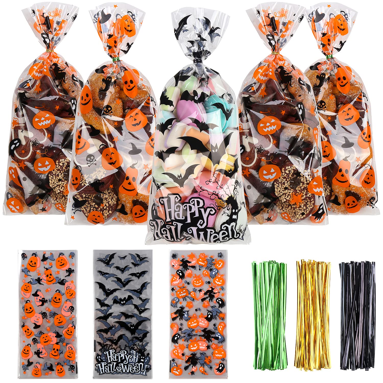 LOKIPA Halloween Cellophane Treat Candy Bags,150 Pieces Halloween Cellophane Gift Goody Snack Sweet Bags with Twist Ties for Halloween Party Supply（3 Style）