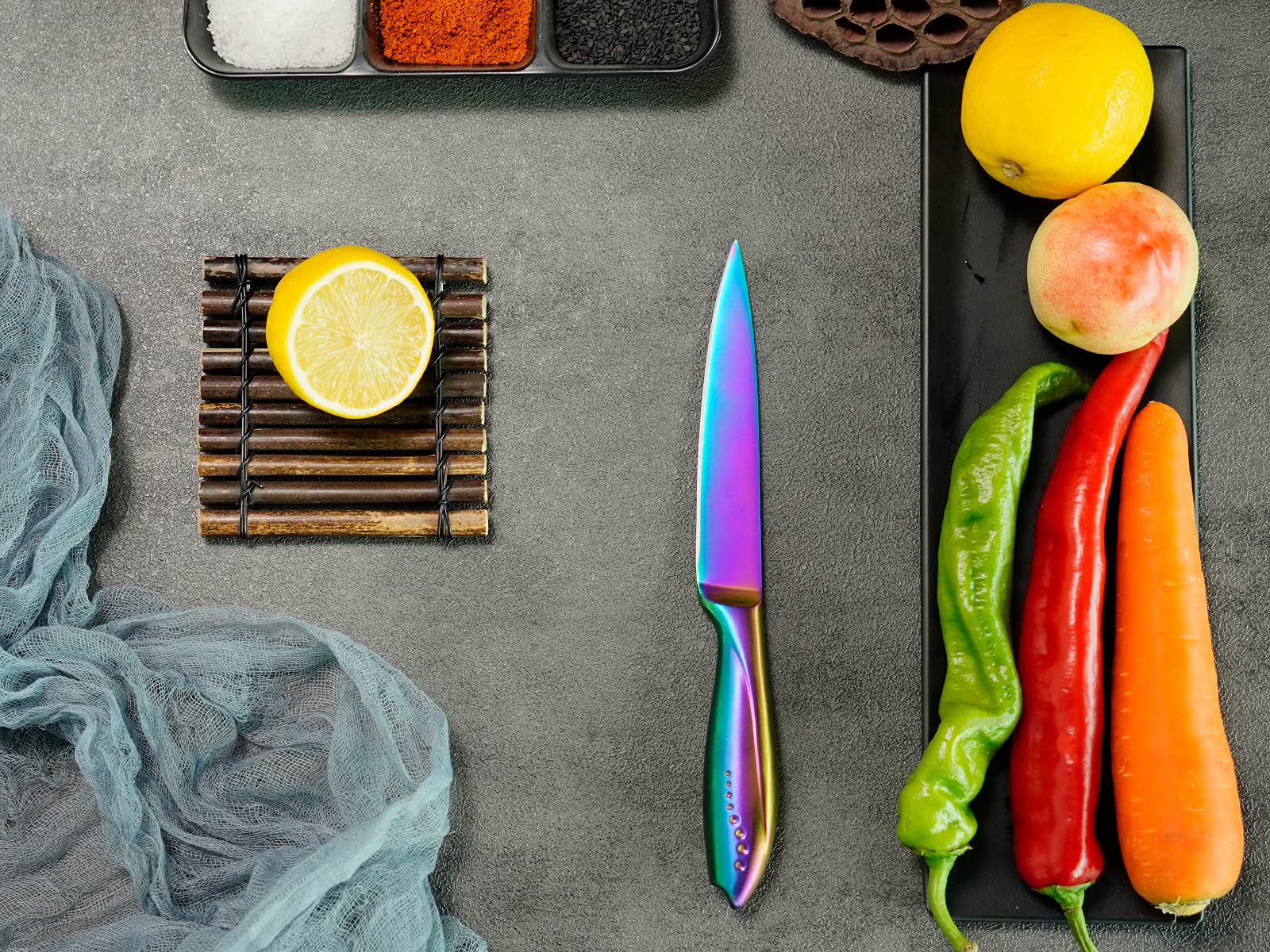 WELLSTAR Rainbow Kitchen Utility Knife 5 Inch, Super Sharp Fine Edge Fruit Vegetable Slicing Knife with German Stainless Steel Forged Blade and Titanium Coating – Small Multipurpose Knife