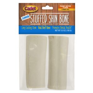 cadet junior stuffed shin bones - highly digestible, high protein, long-lasting dog chew bone for aggressive chewers, supports dental health, - peanut butter flavor, mini (2 count)