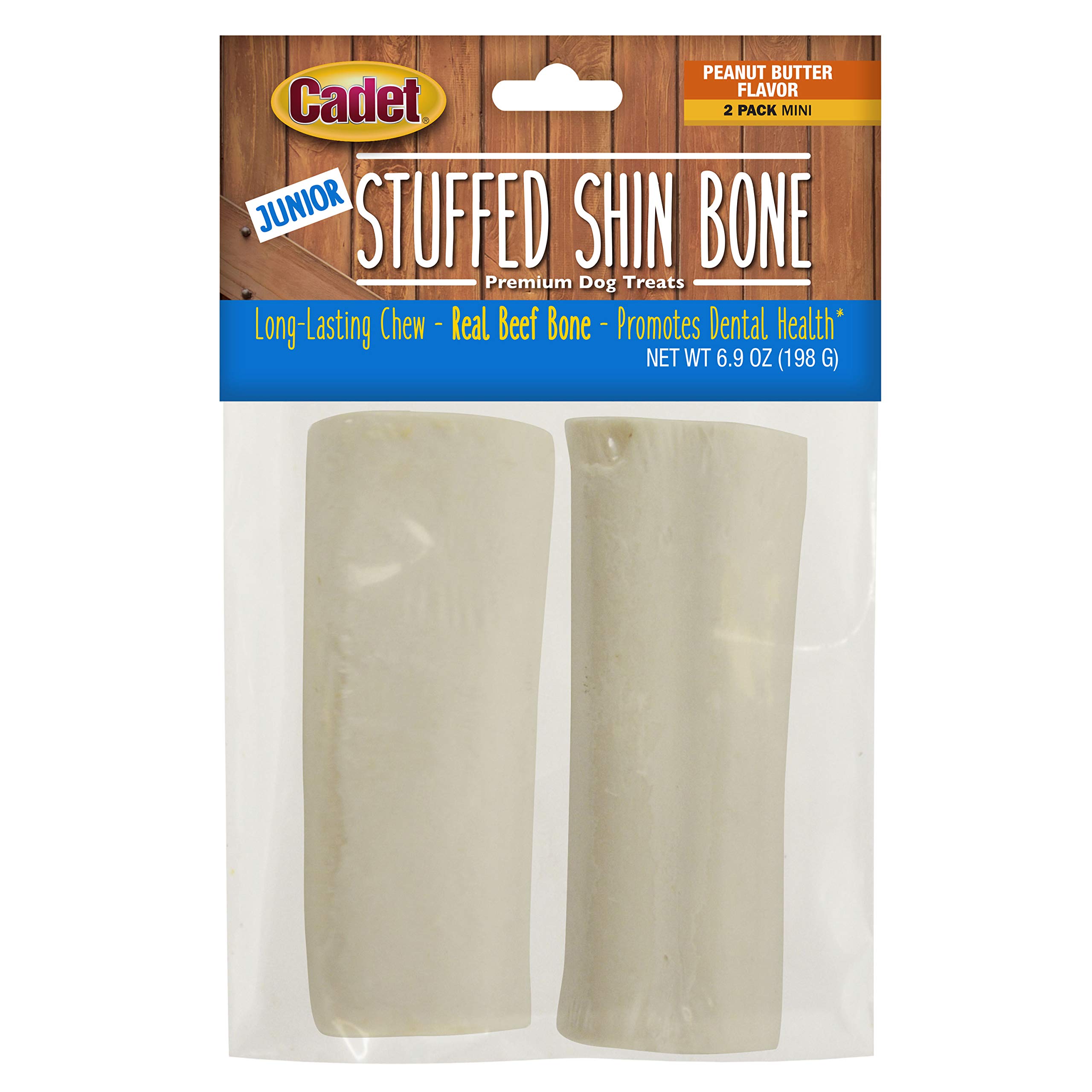 Cadet Junior Stuffed Shin Bones - Highly Digestible, High Protein, Long-Lasting Dog Chew Bone for Aggressive Chewers, Supports Dental Health, - Peanut Butter Flavor, Mini (2 Count)