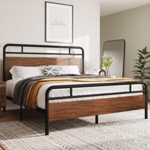 Allewie Queen Size Platform Bed Frame with Wooden Headboard and Footboard, Heavy Duty 13 Metal Slats Support, Under Bed Storage, No Box Spring Needed, Noise Free, Easy Assembly, Walnut