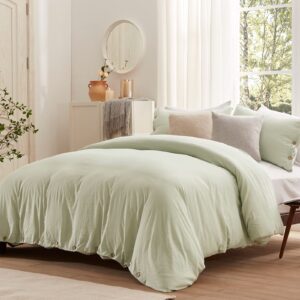 nexhome sage green duvet cover sets queen size 3 piece double brushed microfiber queen duvet cover with button closure & corner tie 1 breathable and soft duvet cover 90x90 inches + 2 pillow shams