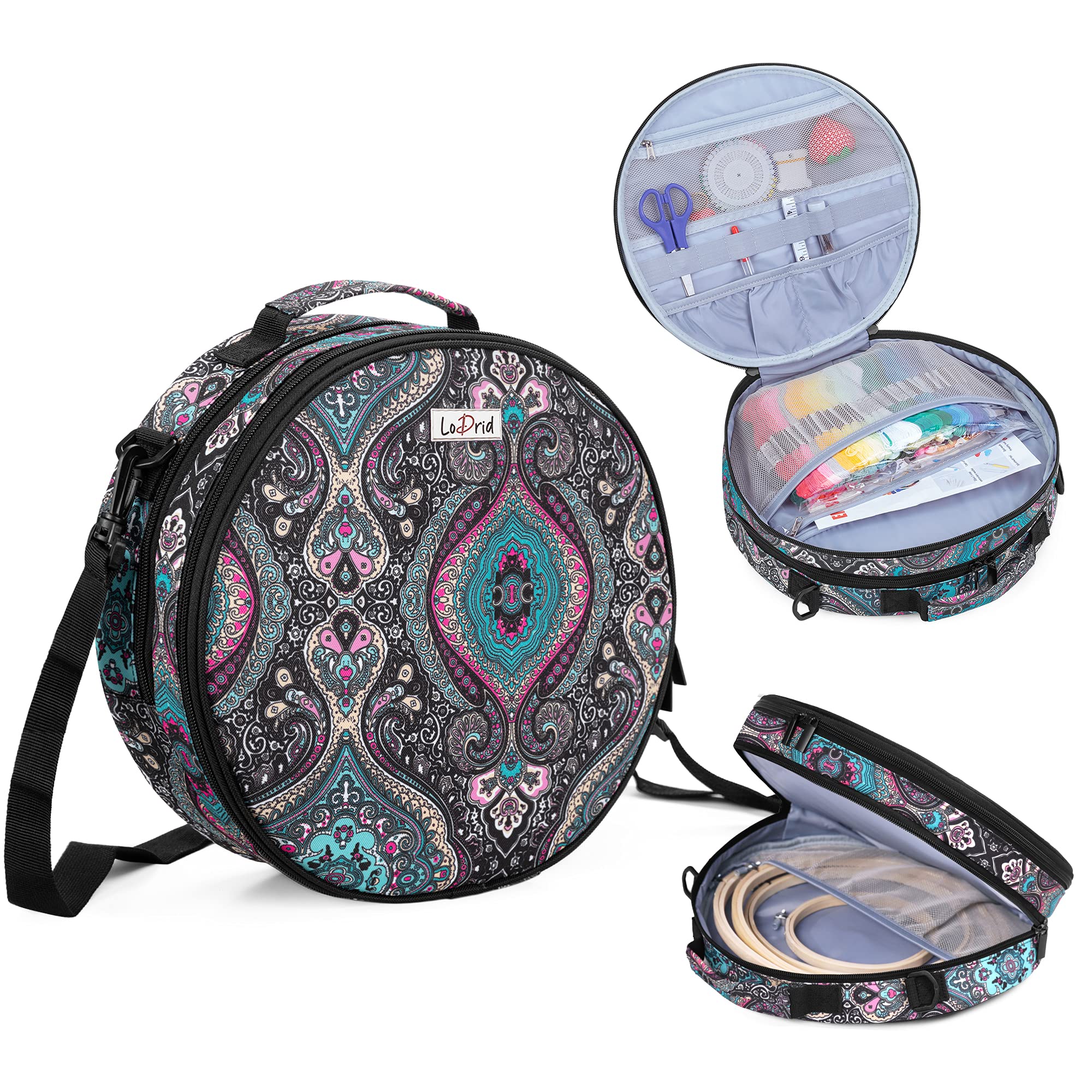 LoDrid Embroidery Bag, Double-Layer Round Embroidery Project Storage Bag for Storing Embroidery Kits and Cross Stitch Kits, with Handle and Shoulder Strap, Totem, Bag Only