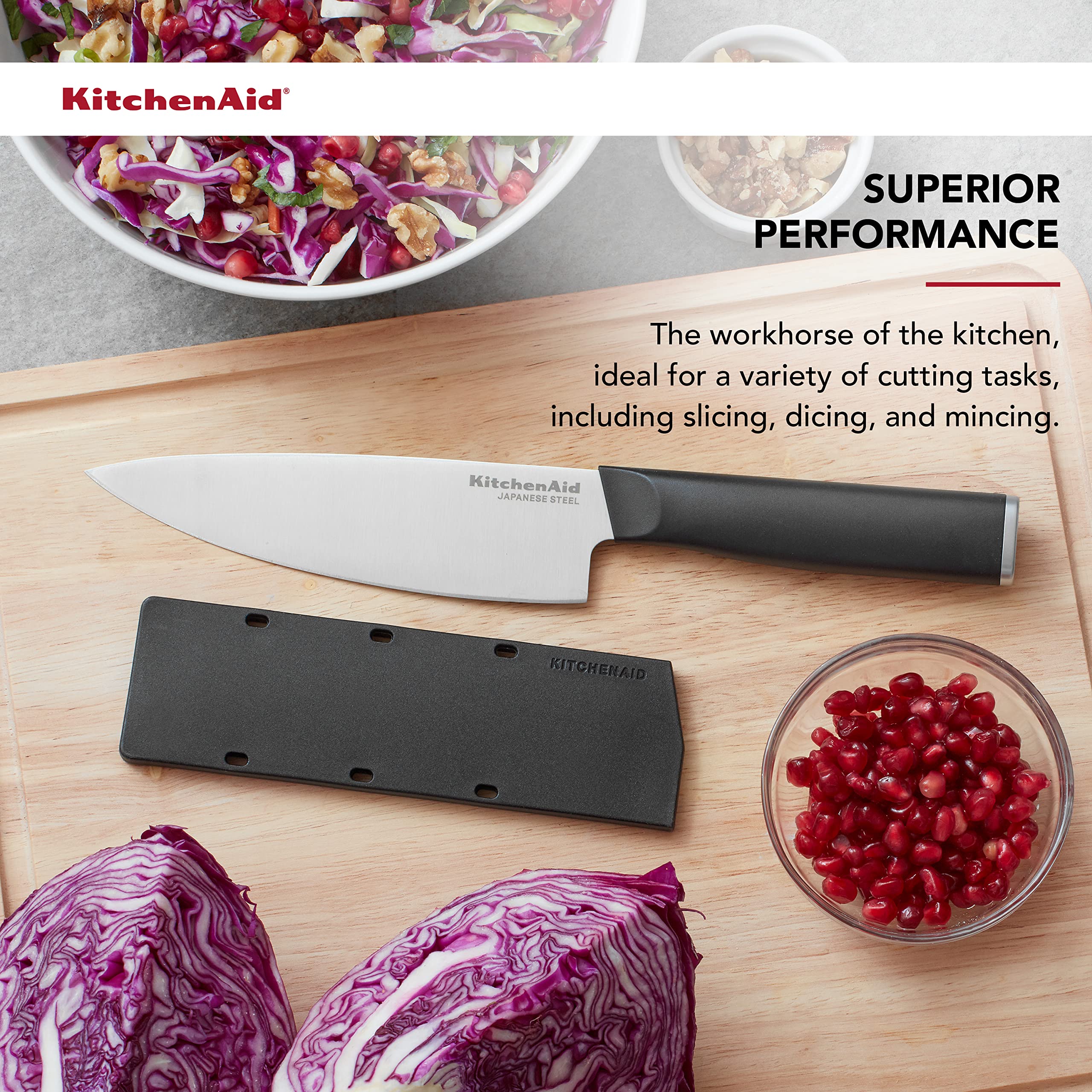 KitchenAid Classic Chef Knife with Custom-Fit Blade Cover, 6-inch, Sharp Kitchen Knife, High-Carbon Japanese Stainless Steel Blade, Black