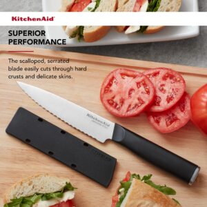 KitchenAid Classic Serrated Utility Knife with Custom Fit Blade Cover, 8 inch, Sharp Kitchen Knife, High Carbon Japanese Stainless Steel Blade, Black